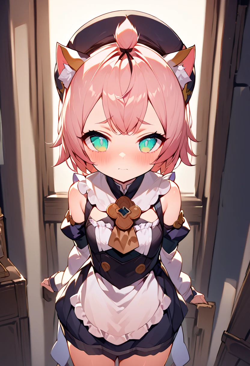 A Girl、maid clothes、They are standing、lift up your skirt、Condom used on calves - SeaArt AI