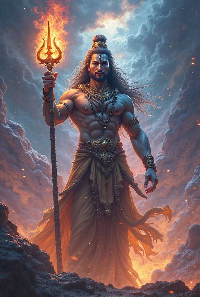 Create an image mahashiv with trishool on fire - SeaArt AI