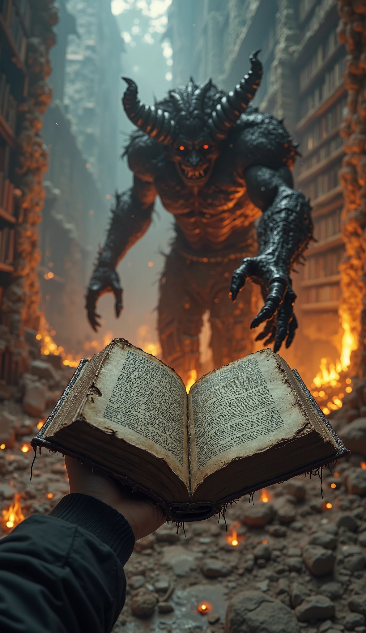 Someone holding a book in front of a book with a demonic creature in ...