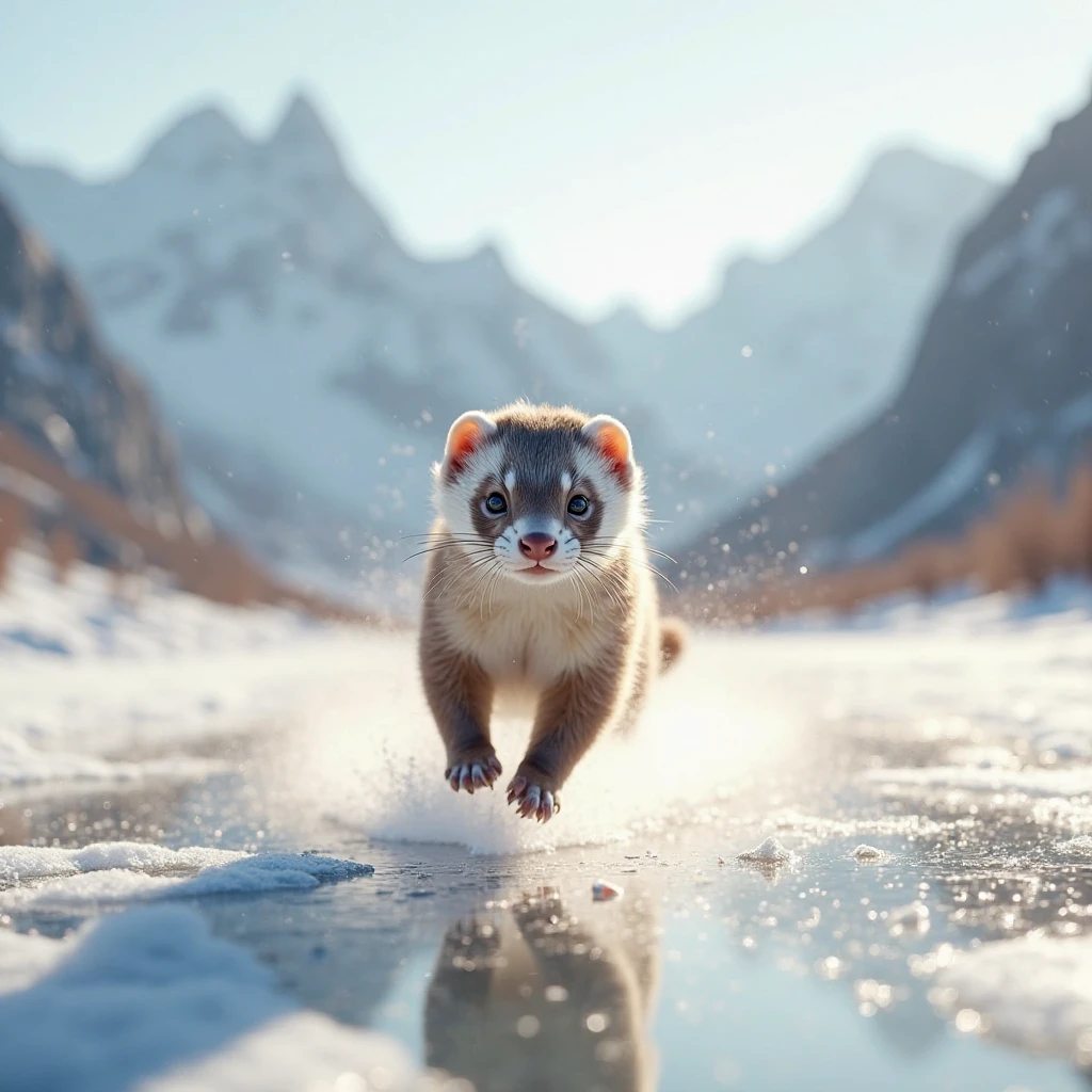 A male ferret running on the iced lake in the surrounding mountains ...