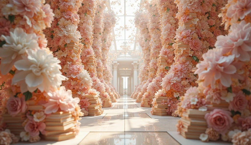 Large number of standing books and flower devices，High spiral flower ...