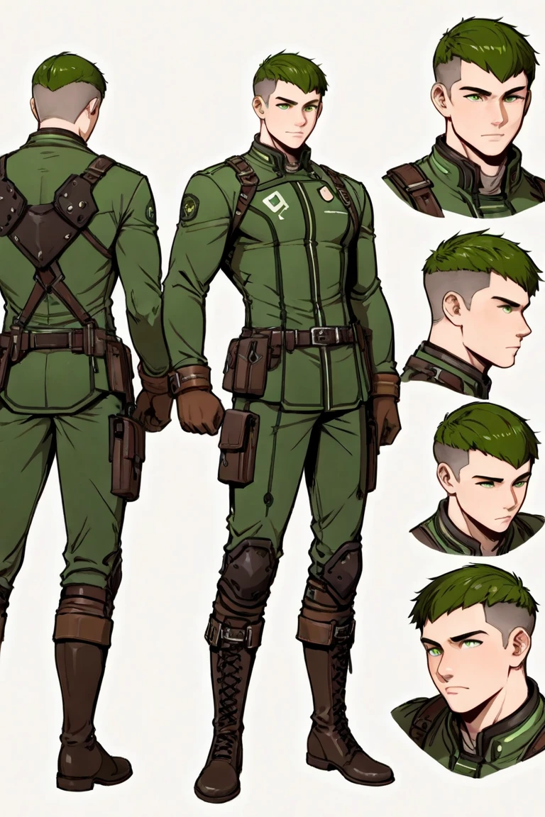 3 poses, turnaround character expression sheet: 1man, toned build ...