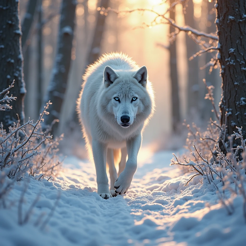 A stunning, hyper-realistic digital painting of a majestic white wolf ...