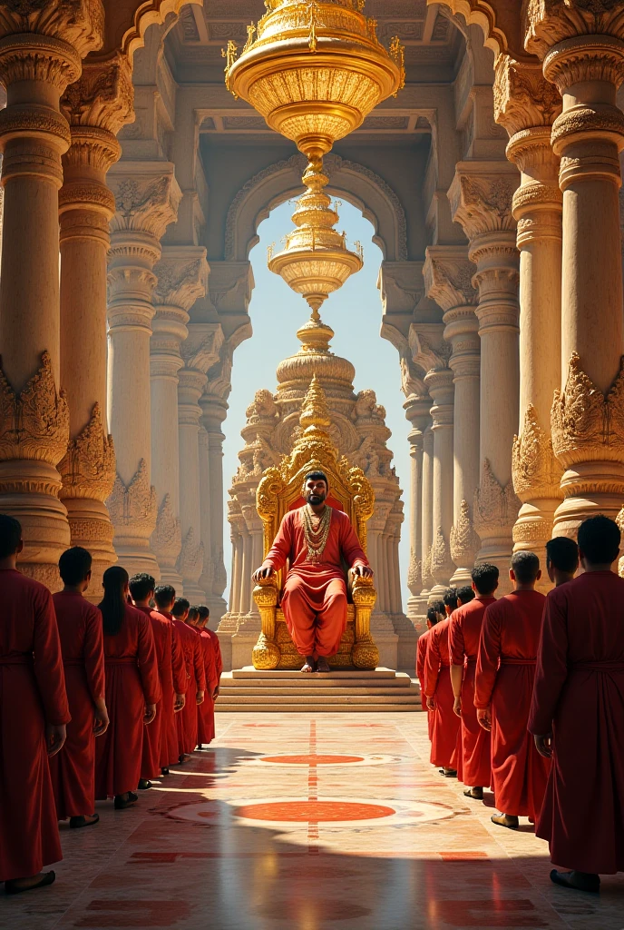 A magnificent ancient Indian royal court, rich with intricate carvings ...