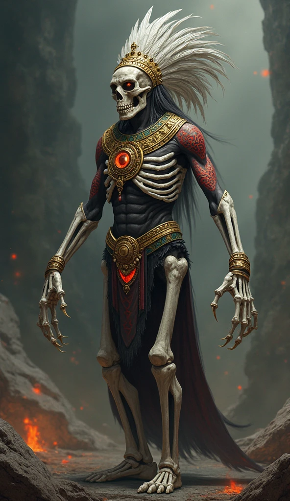 A skeletal warrior wrapped in golden jewelry and feathered headdresses ...