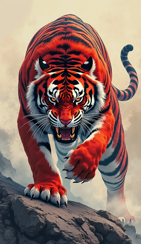 A fierce, majestic tiger in a powerful stance, his muscular body tense ...