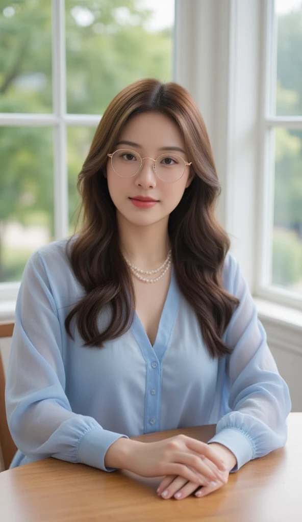 The photo shows a woman sitting in a space with large windows - SeaArt AI