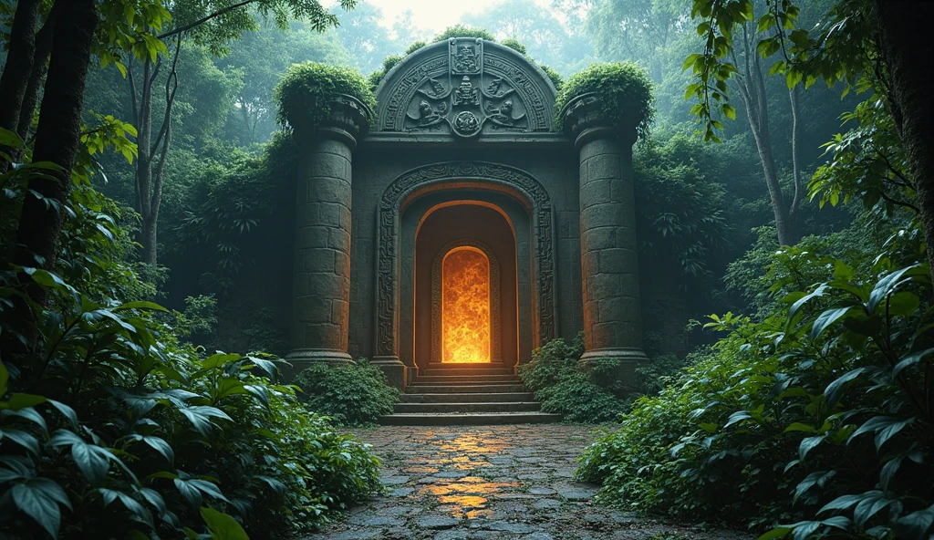 A mysterious ancient tomb hidden deep within a dense jungle, dimly lit ...