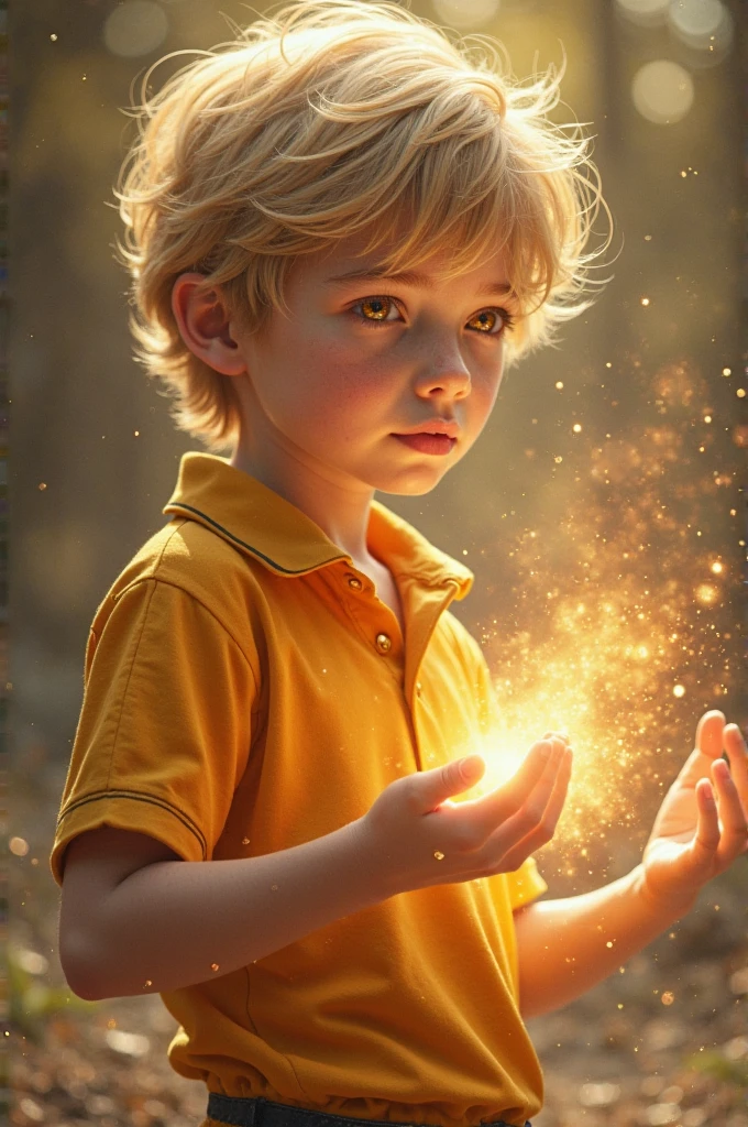 Gold hair boy gold eyes ocre polo costume doing matter antimatter magic ...