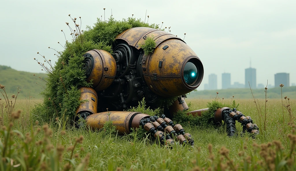“A broken-down battle robot lying in the middle of an overgrown field ...