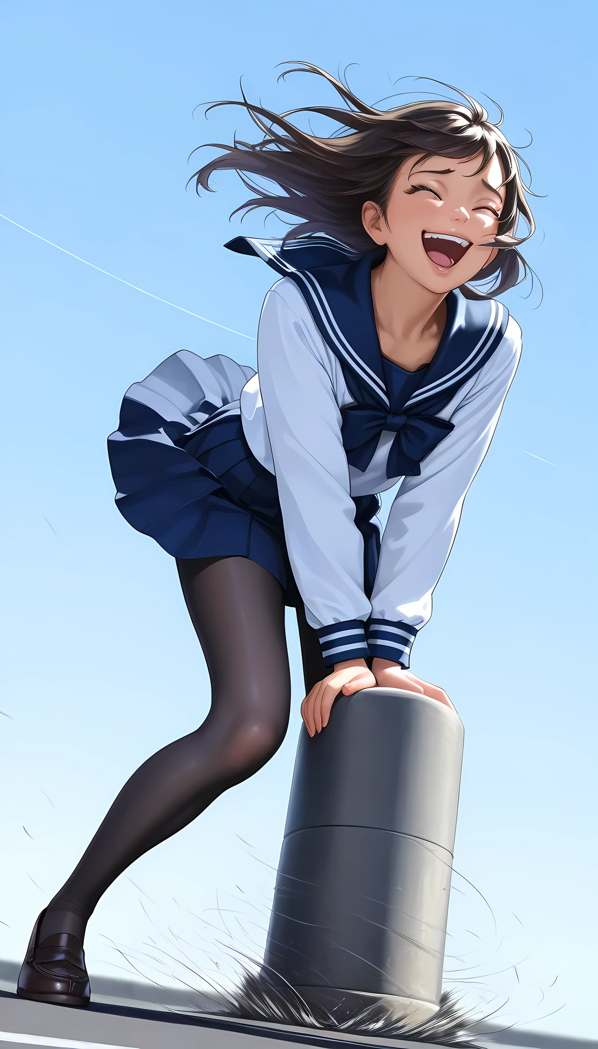 Anime girl in sailor outfit leaning on a barrel with her mouth open ...