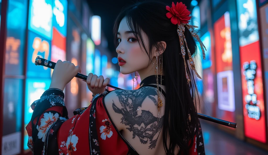 This image features a woman with a modern samurai aesthetic, wearing ...