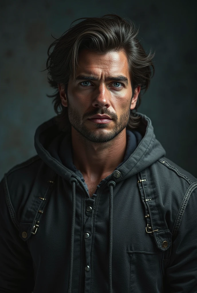 A slightly muscular white man, with medium black hair, bright blue eyes ...