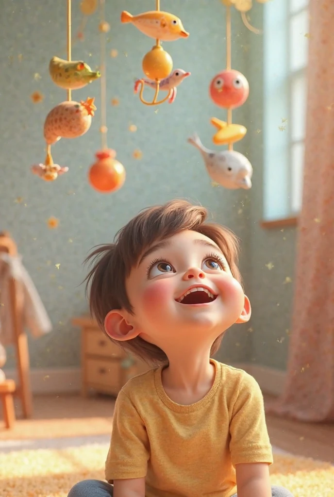 A boy seeing a mobile and laughing - SeaArt AI