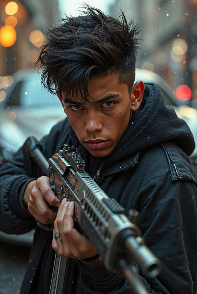 Criminal boy with machine gun in his hand near a luxury car - SeaArt AI
