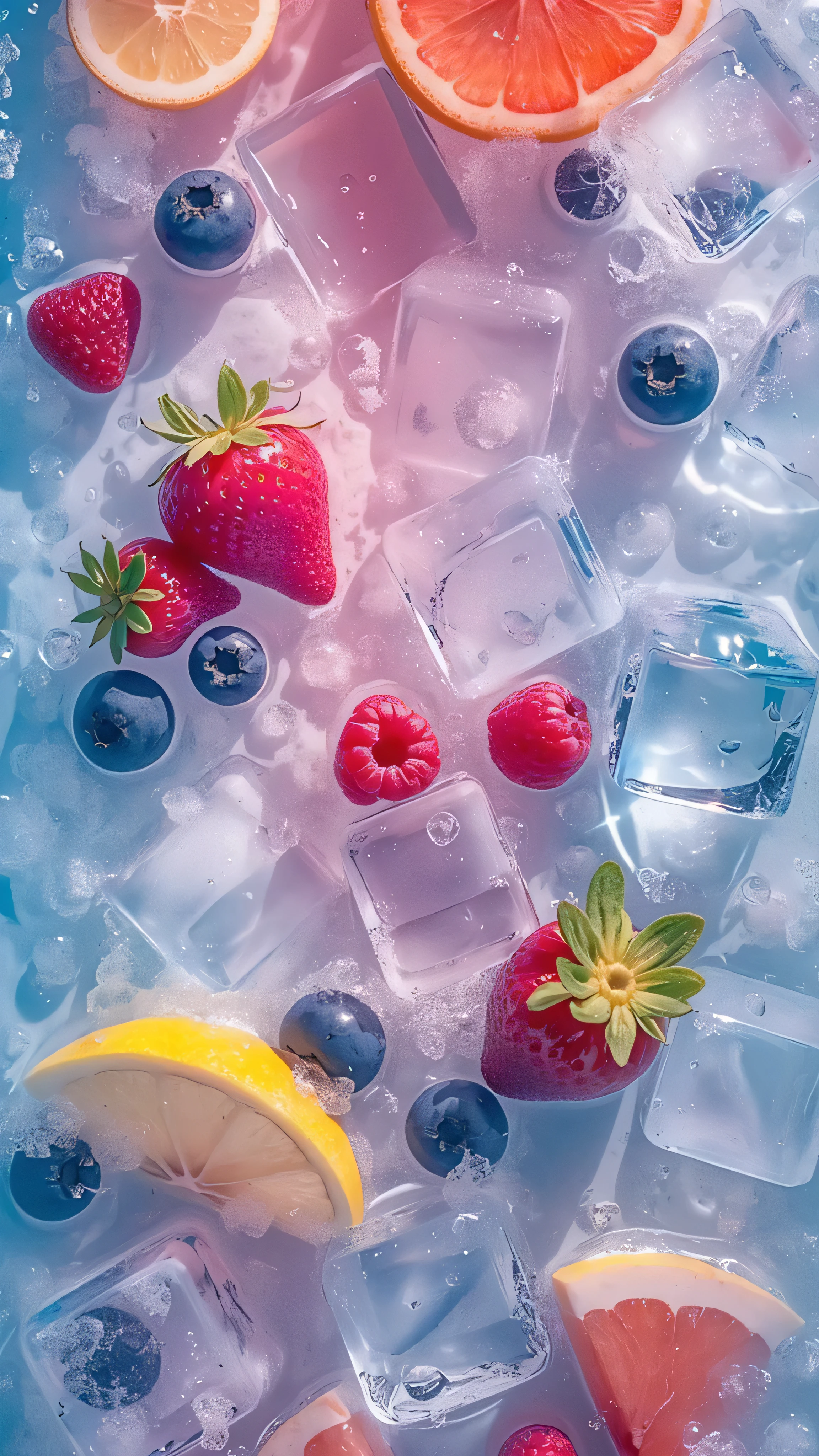 There are many different fruits and ice cubes on the table - SeaArt AI