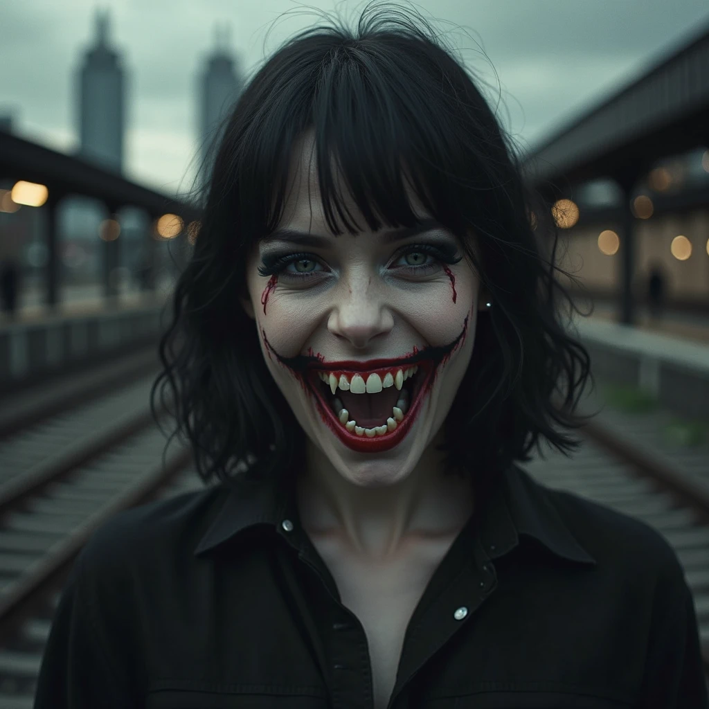 A young woman, likely Caucasian, with exaggerated makeup, is centrally ...