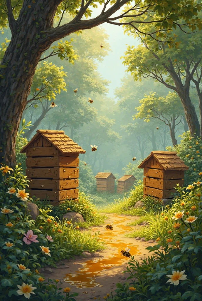 Beehives in a forest and trees honey and bees around - SeaArt AI