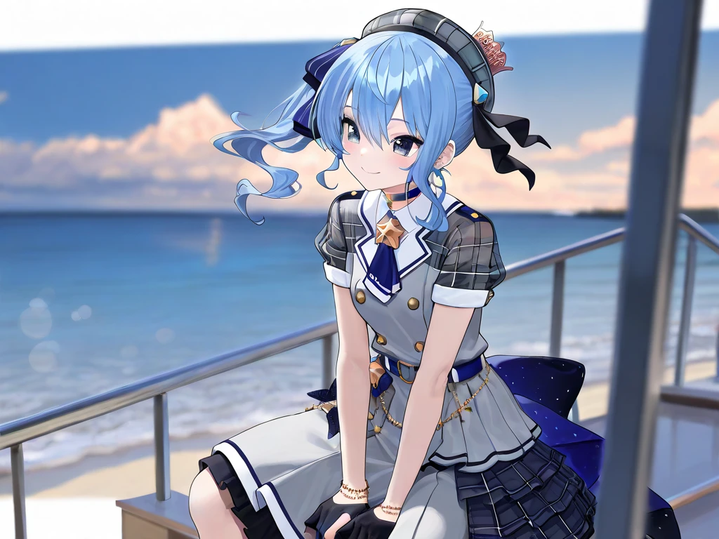 Hoshimachi Suisei, soro, 1 girl, blue eyes, blue hair, hat, gray hat ...