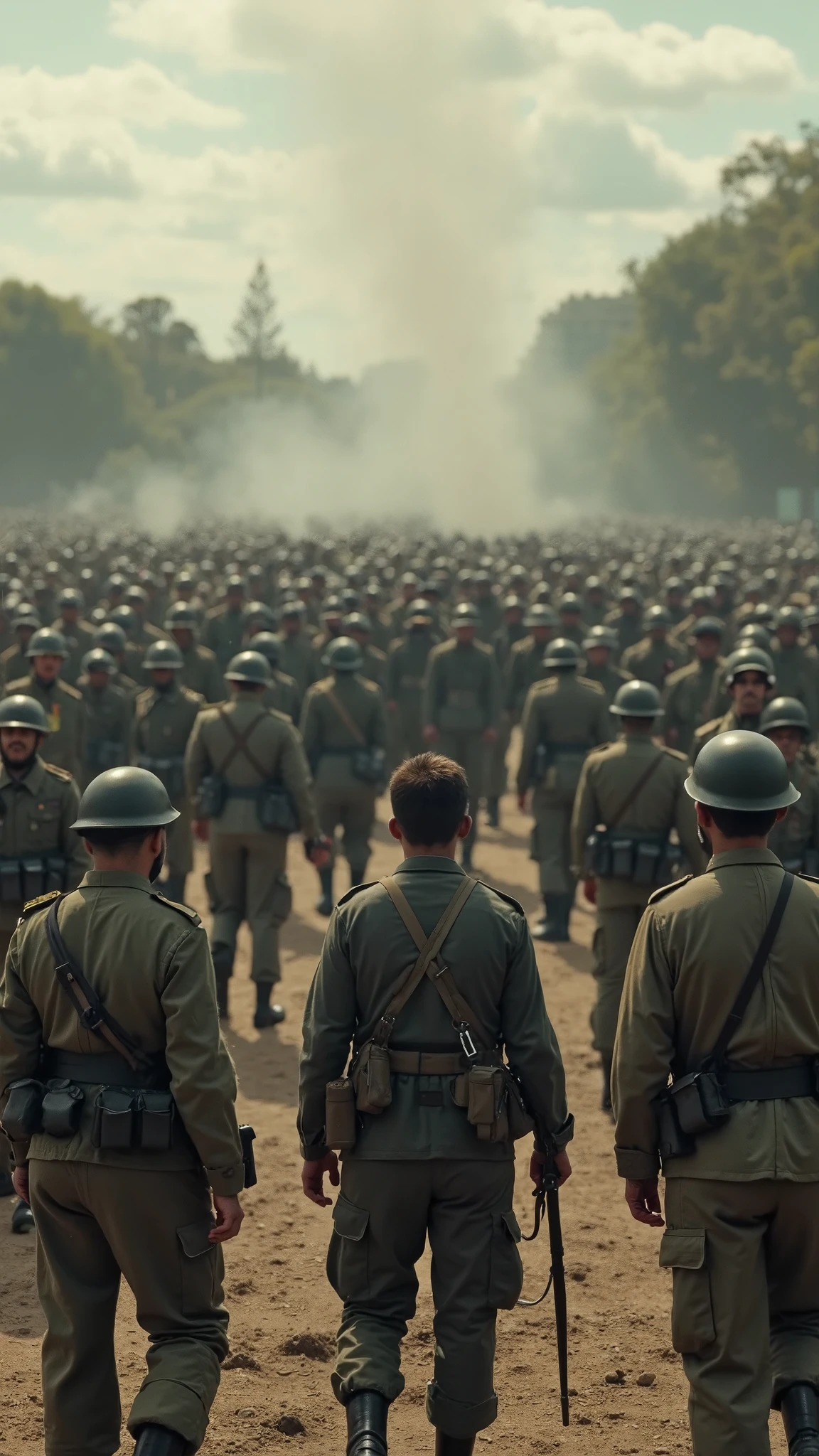 Soldiers walking in a line on a dirt road with trees in the background ...