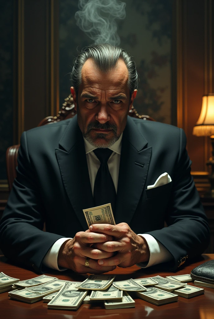 Mafia gangster smoke ciggarete and count money - SeaArt AI