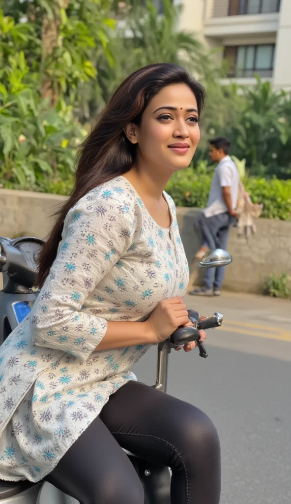 Full shot of Indian hot milf back side view sitting on a black scooter ...