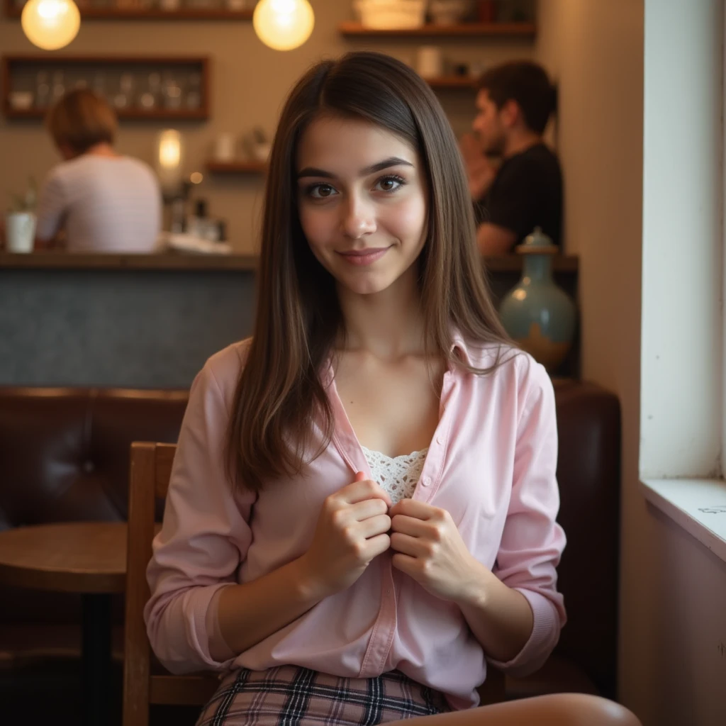 Woman sitting in a coffee. Hat ein rosanes shirt an. Full body style ...