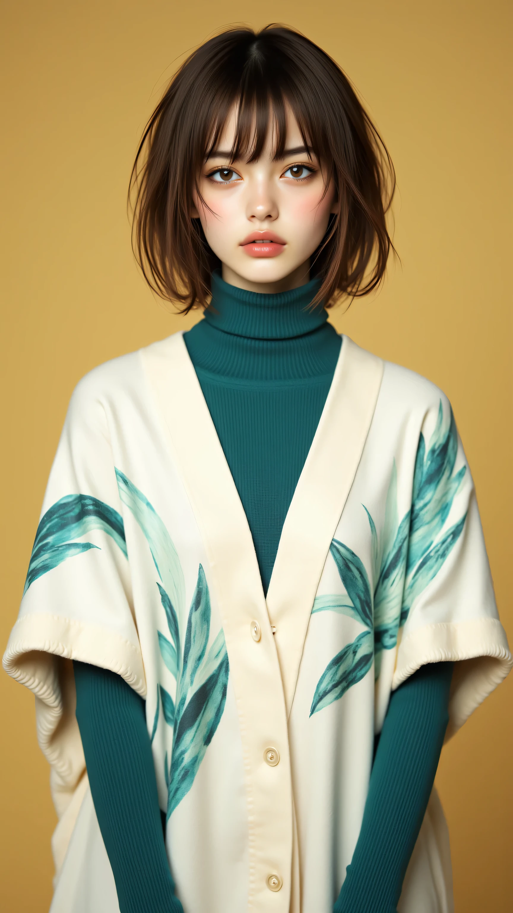 Arafed woman with a green turtleneck and white cardigan - SeaArt AI