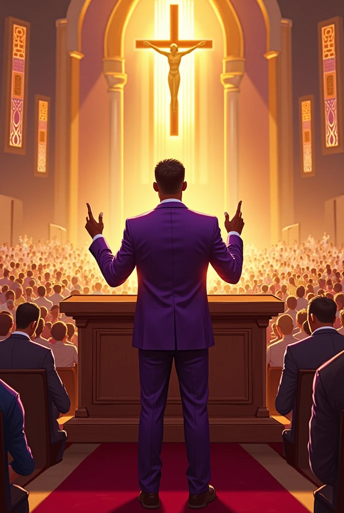 In Pentecostal big church a man preaching on pulpit color golden he ...