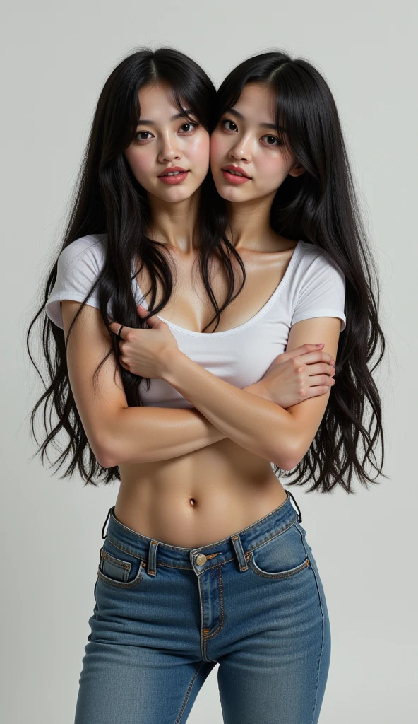 Filipina-Japanese, two heads one body, conjoined, they have very long black hair - SeaArt AI