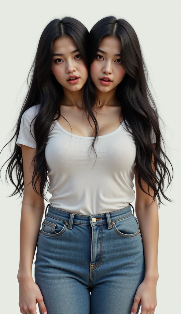 Filipina-Japanese, two heads one body, conjoined, they have very long black hair - SeaArt AI