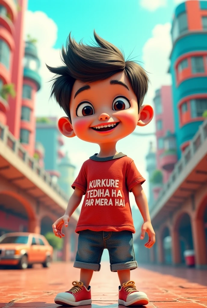 A boy wearing a bottom written on the bottom, 'Kurkure Tedha hai par ...