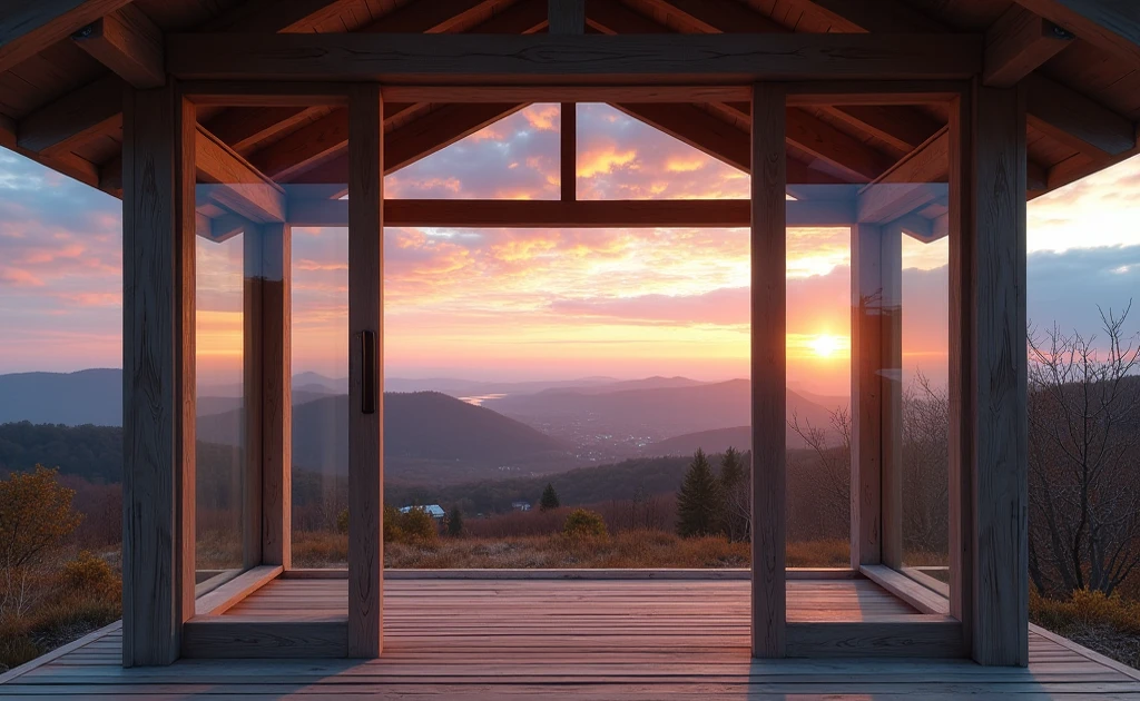 A wooden structure with large window frames without glass, located on a ...