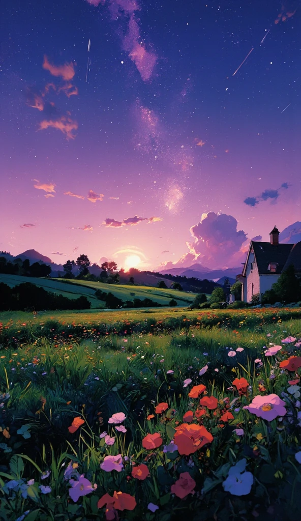 Beautiful summer night, meteor shower,wild flowers,purple sunset ...