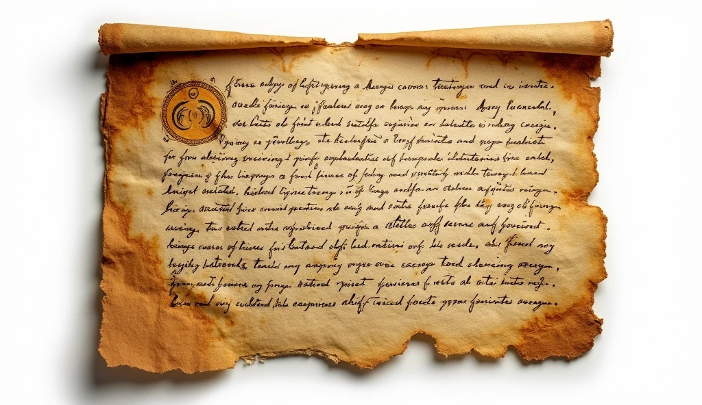 "An ancient, yellowed manuscript with intricate handwriting, faded ink ...