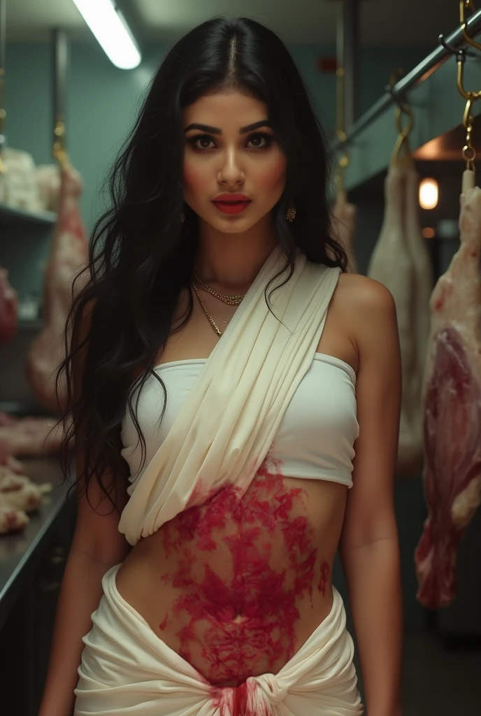 This sexy woman wearing a white saree, long and wavy hair. Gets stabbed horizont - SeaArt AI