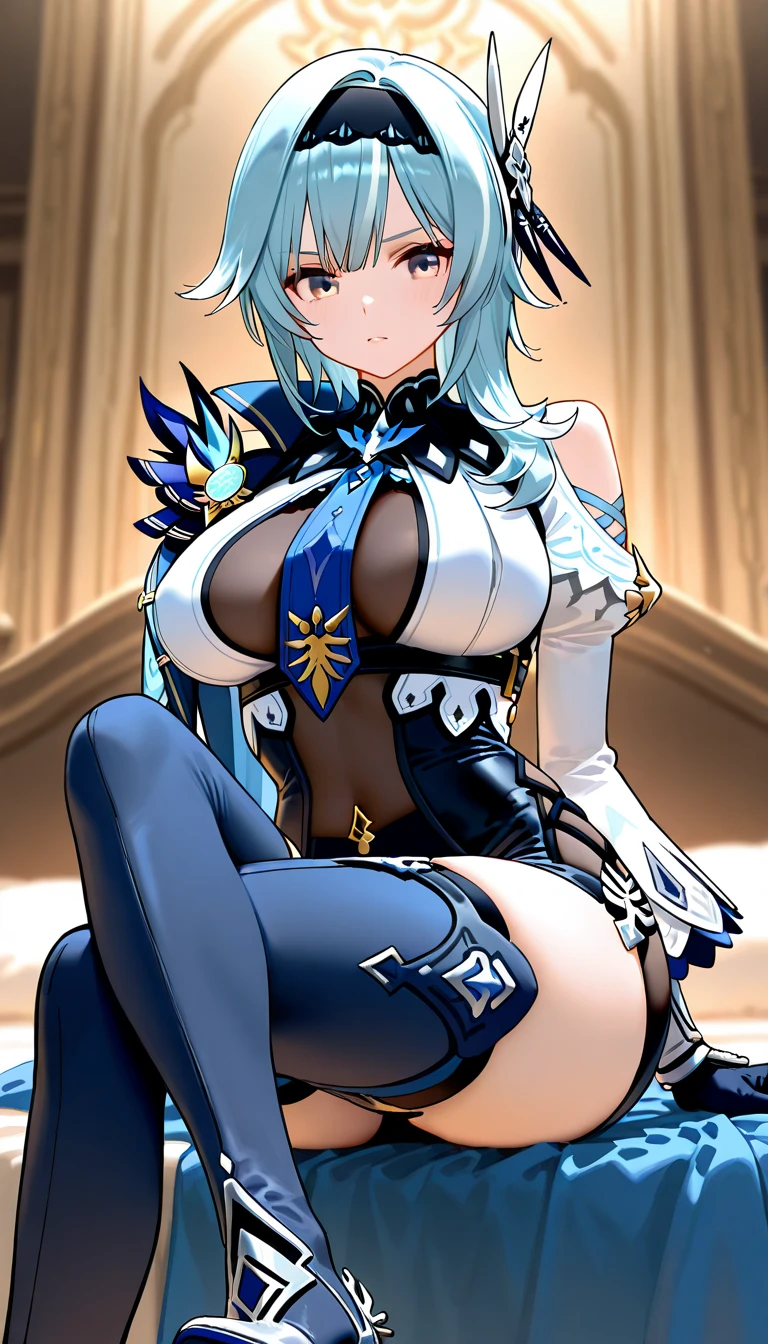 ,Eula wears a black headband over her bangs with a four-pointed silver - SeaArt AI