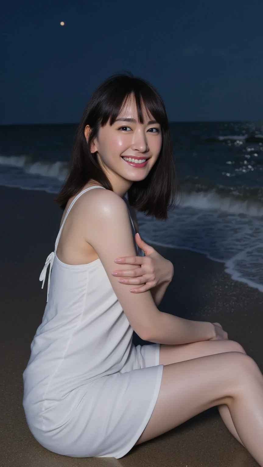 A solitary woman sits gracefully on a sandy beach at night. The vast ...
