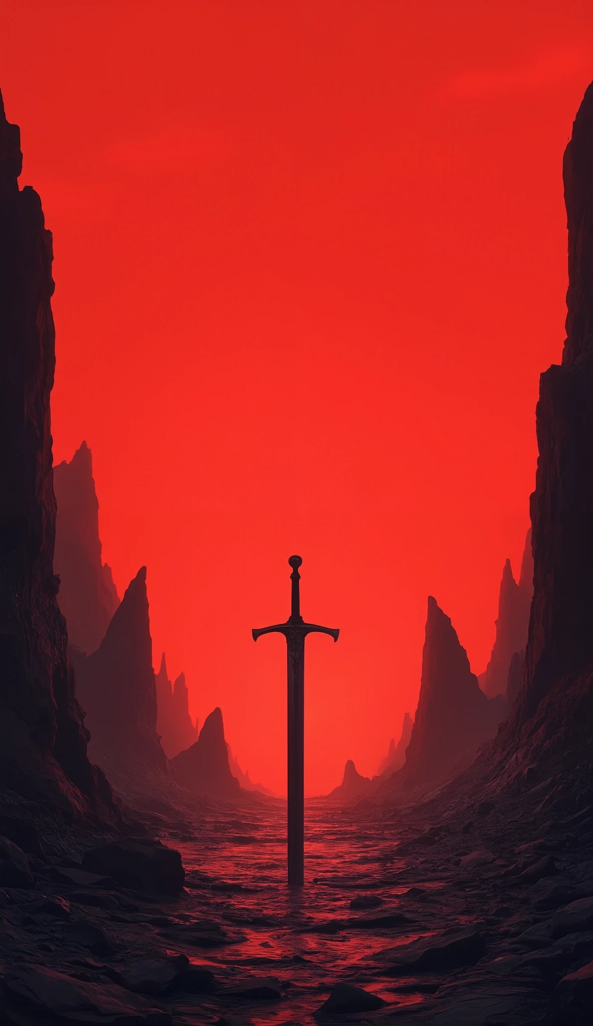 There is a sword in the middle of a mountain with a red sky - SeaArt AI
