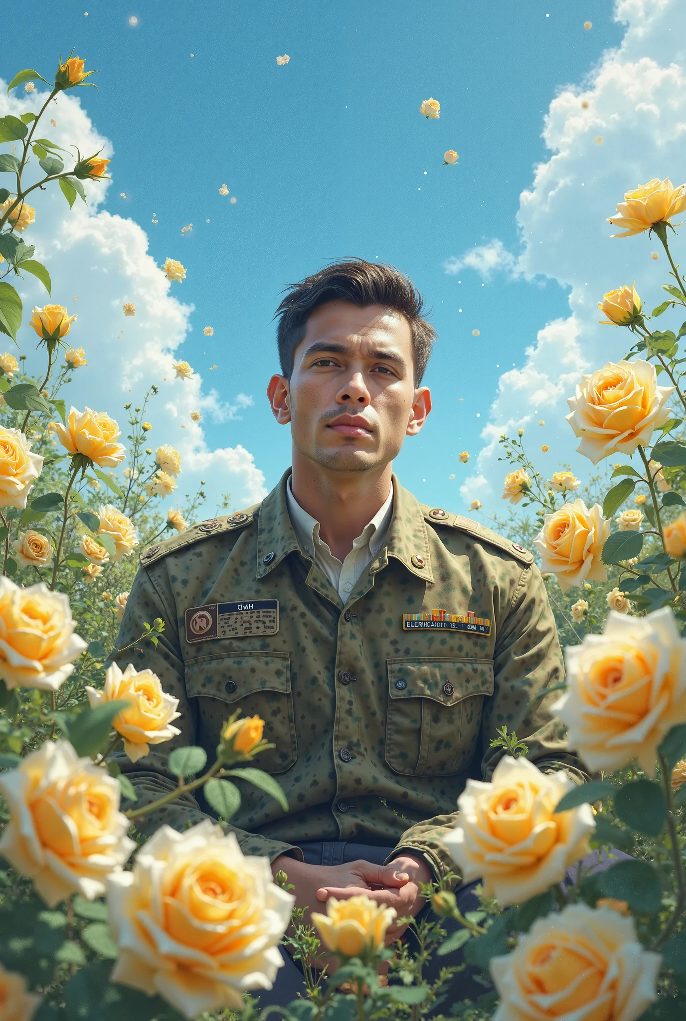 There is a man in a military uniform sitting in a field of yellow roses ...