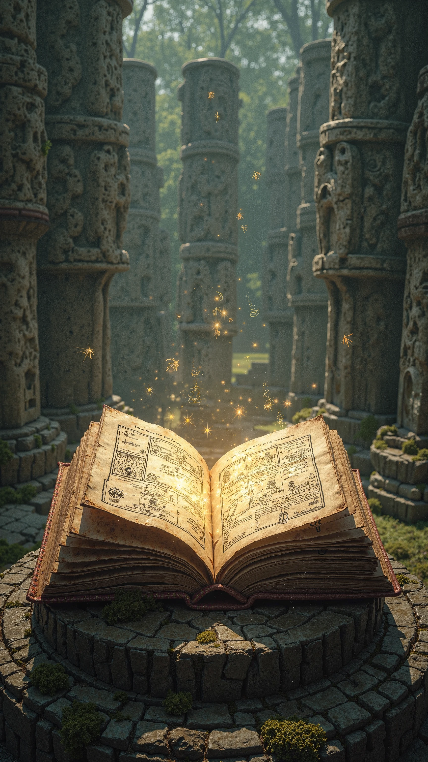 There is a book that is open on a stone table - SeaArt AI