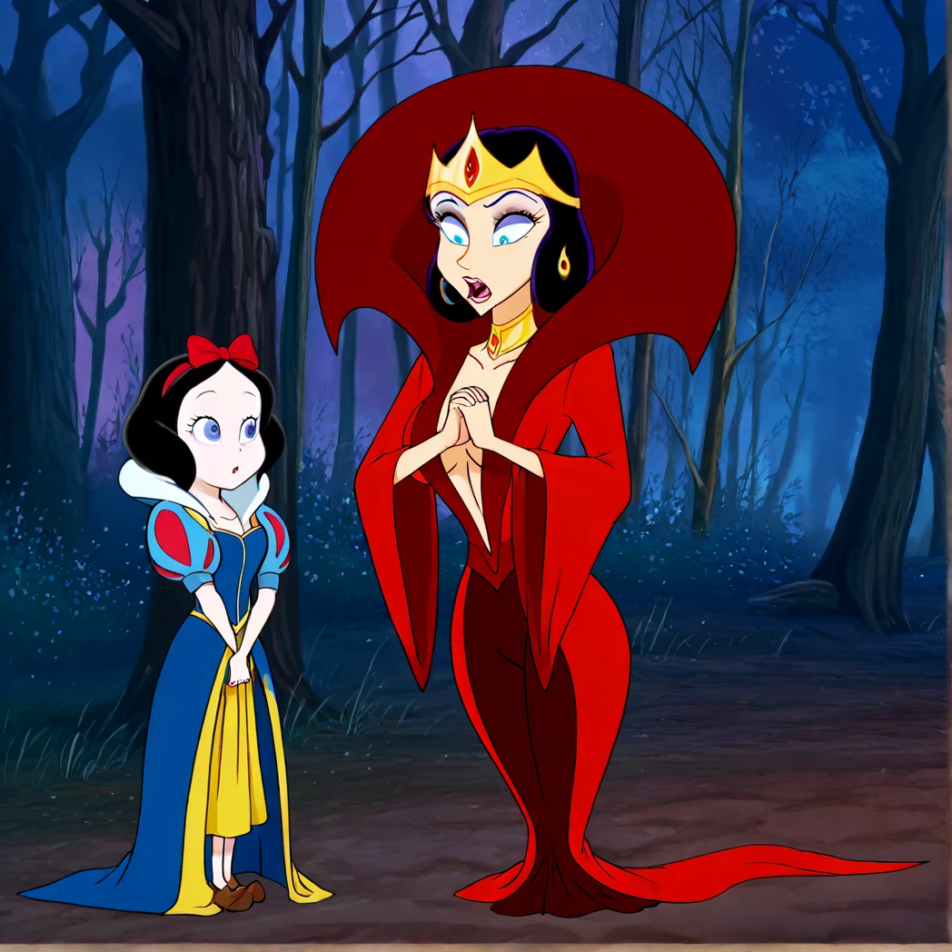 Little princess Snow White, pursued by the jealousy of the evil queen ...