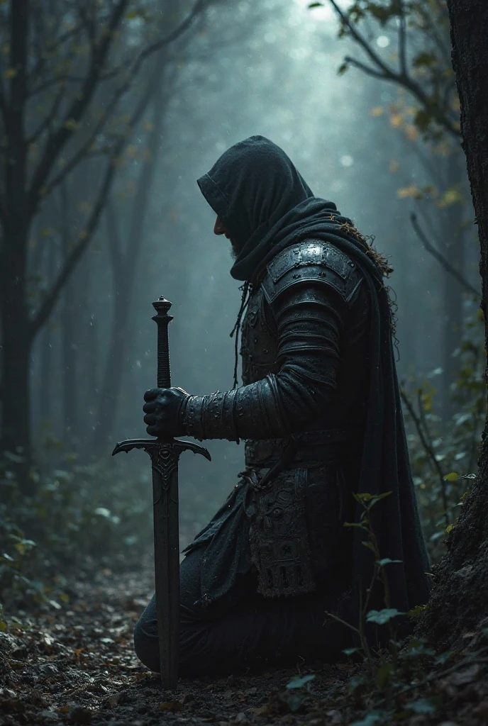 1 man, Warrior on knees, holding a sword, sword stuck in the ground ...