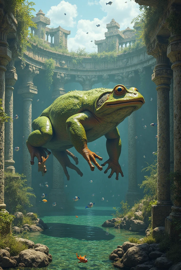 Giant frog from Lake Titicaca swimming among the ruins of an ancient ...