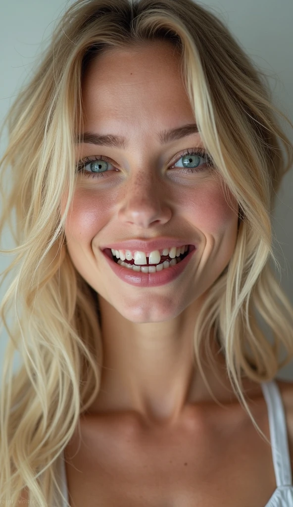 Close up of a beautiful sexy blonde woman. crooked teeth, Ugly teeth ...