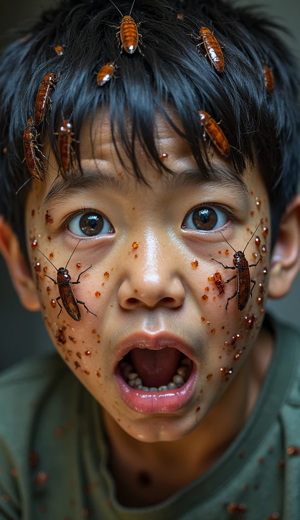 "A highly realistic, emotionally intense close-up portrait of a young ...