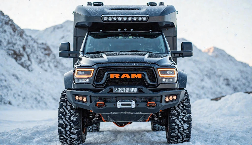 "A powerful RAM motor home, full face front view, with an aggressive ...