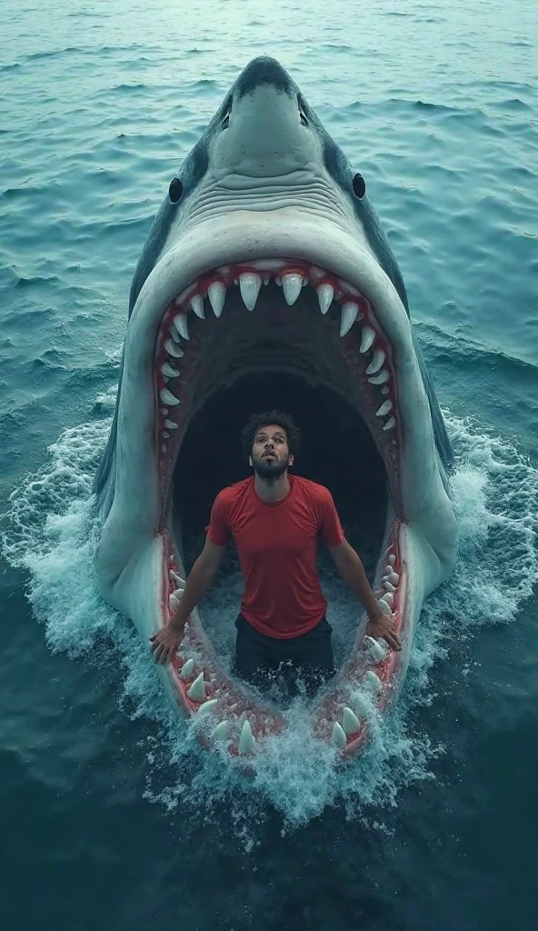 A hyper-realistic and surreal scene of a giant great white shark ...