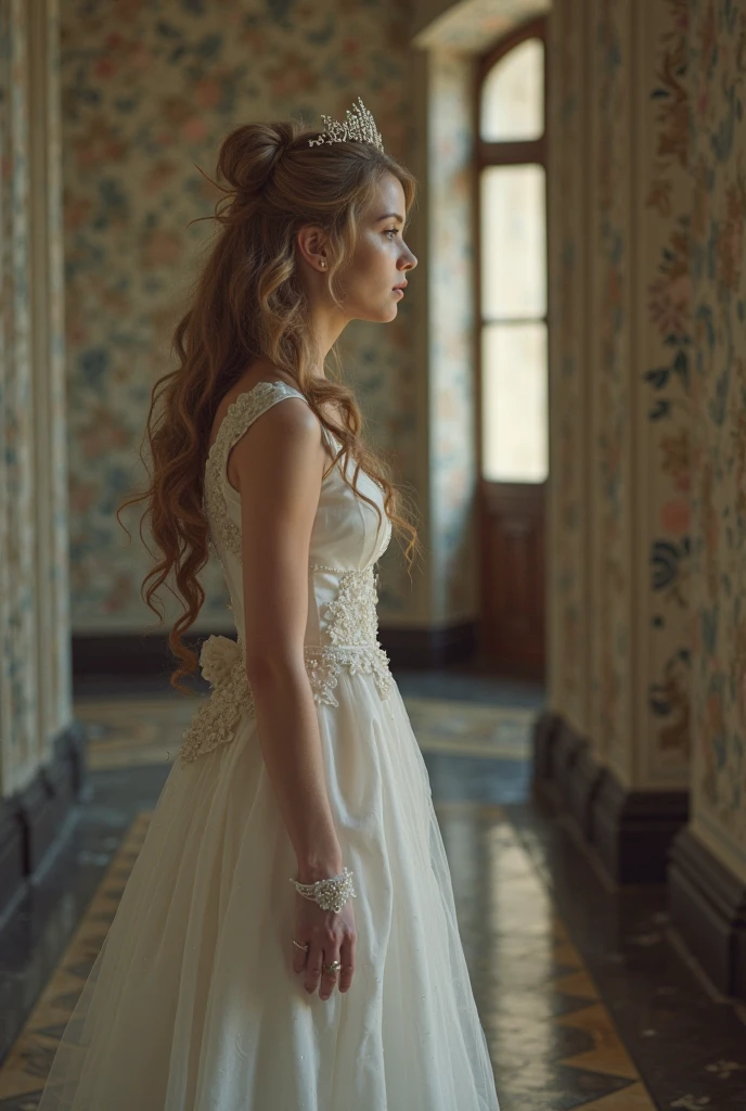 18-year-old woman disguised as a princess (in profile) , with white ...