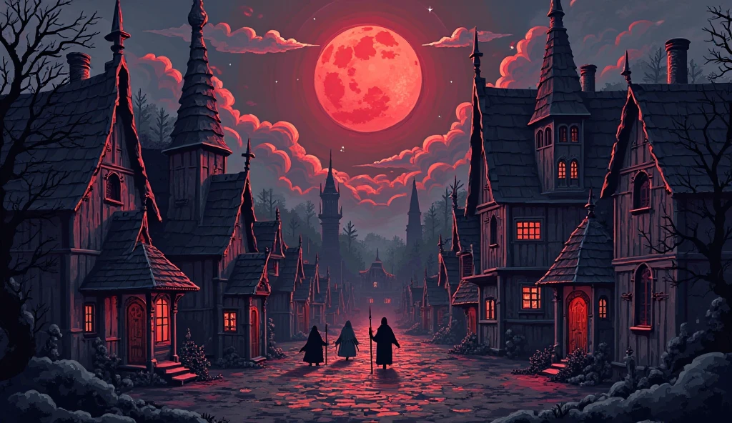 "Gothic village pixel art Blasphemous style: dark alleys, hooded ...